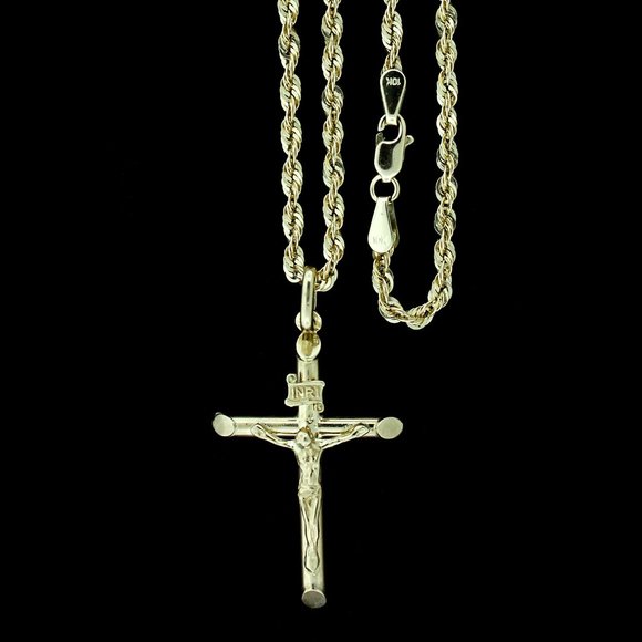 10K Real Gold Rope Chain and Cross Pendant Set